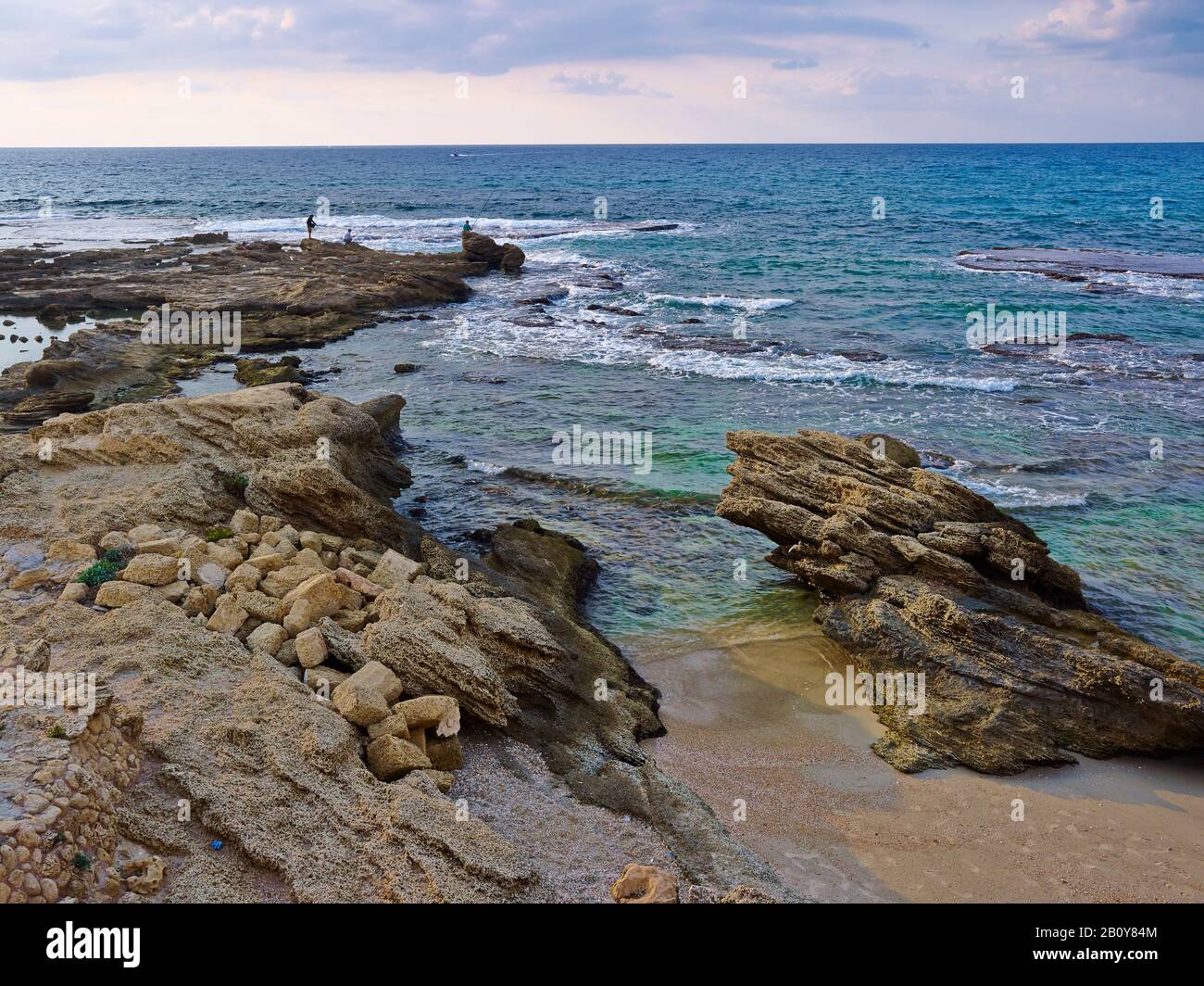 Mediterranean coast at the Roman archaeological site in Caesarea ...
