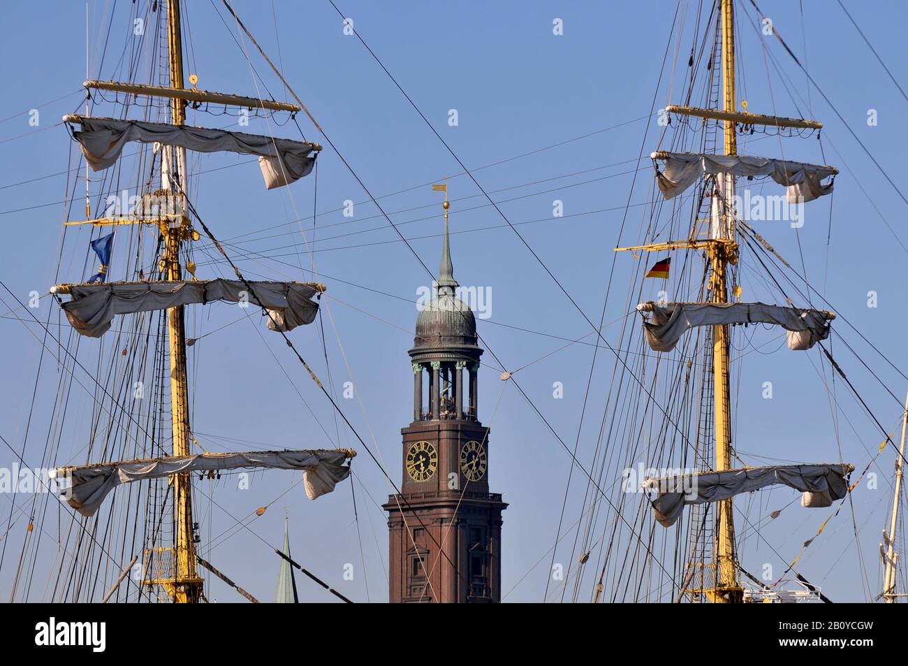 Rigging of a sailing ship in front of St. Michaelis Church, maritime ...