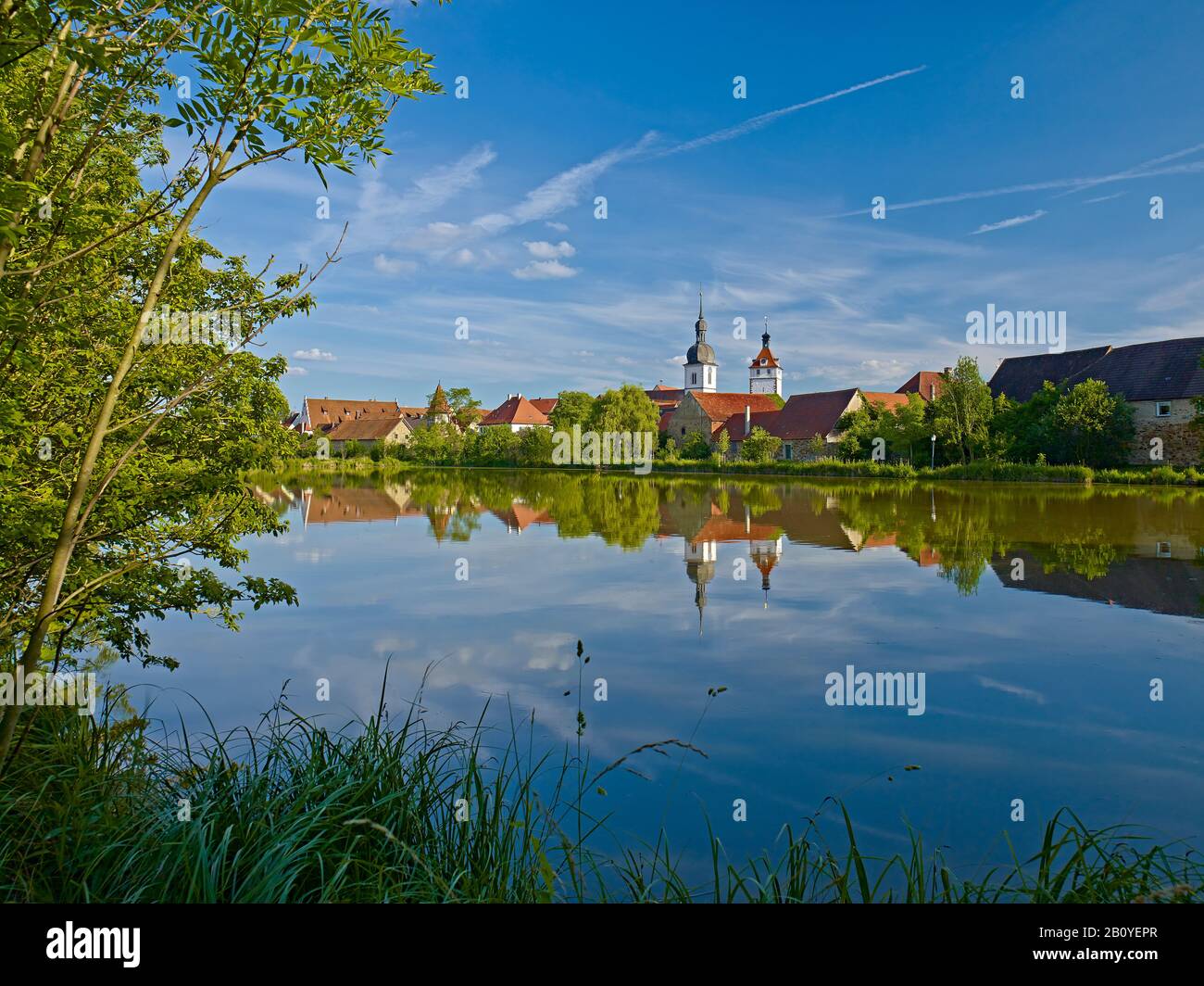 View of Prichsenstadt with church and town tower, Lower Franconia ...