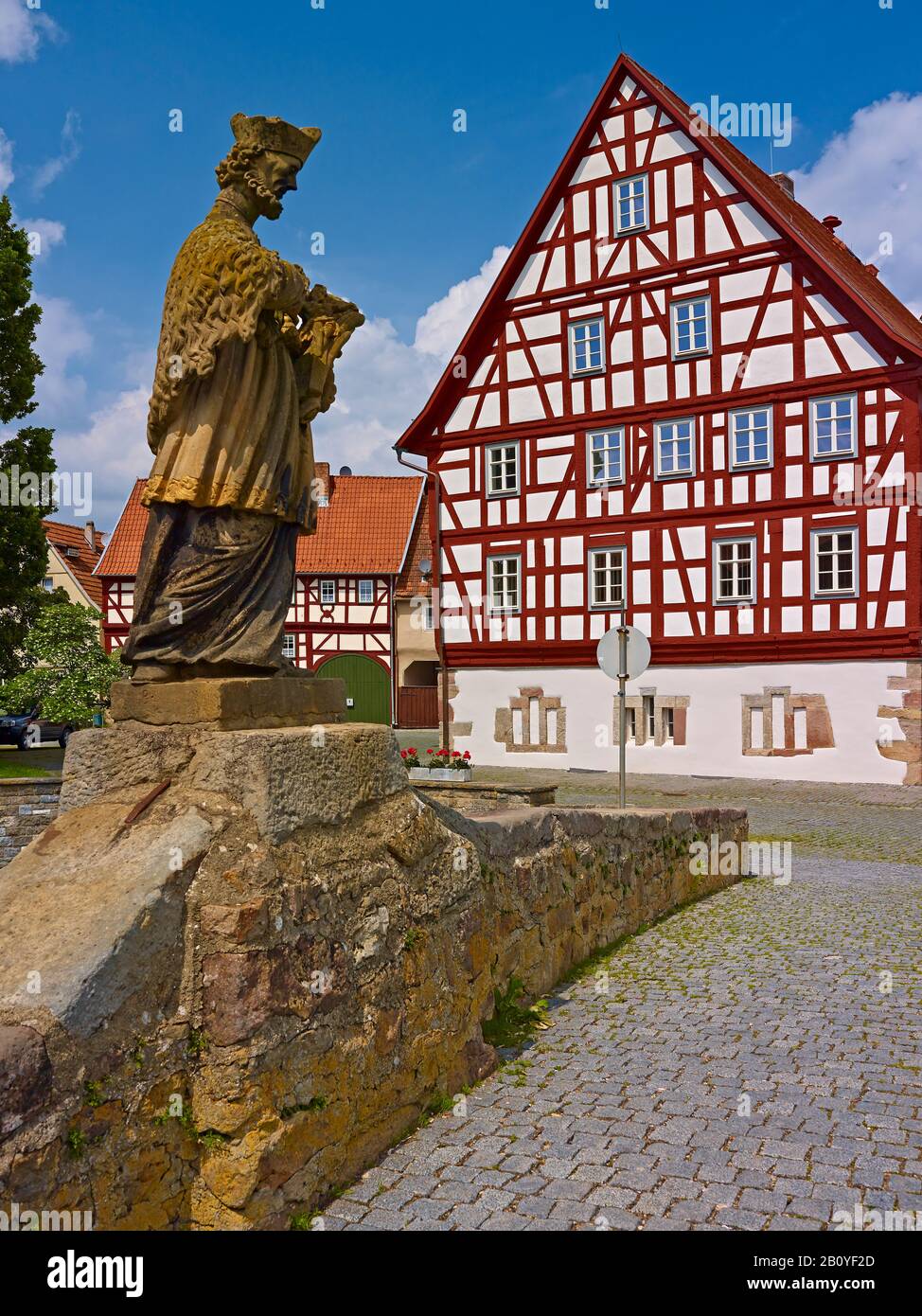 Nepomukbrücke over the Streu with town hall in Nordheim vor der Rhön ...