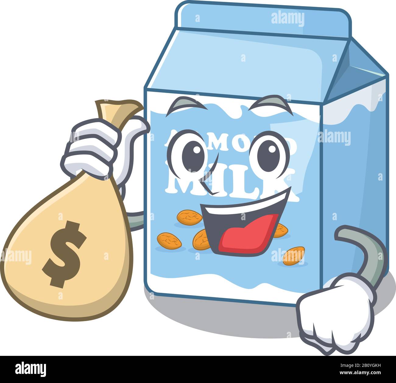 Rich and famous almond milk cartoon character holding money bag Stock ...