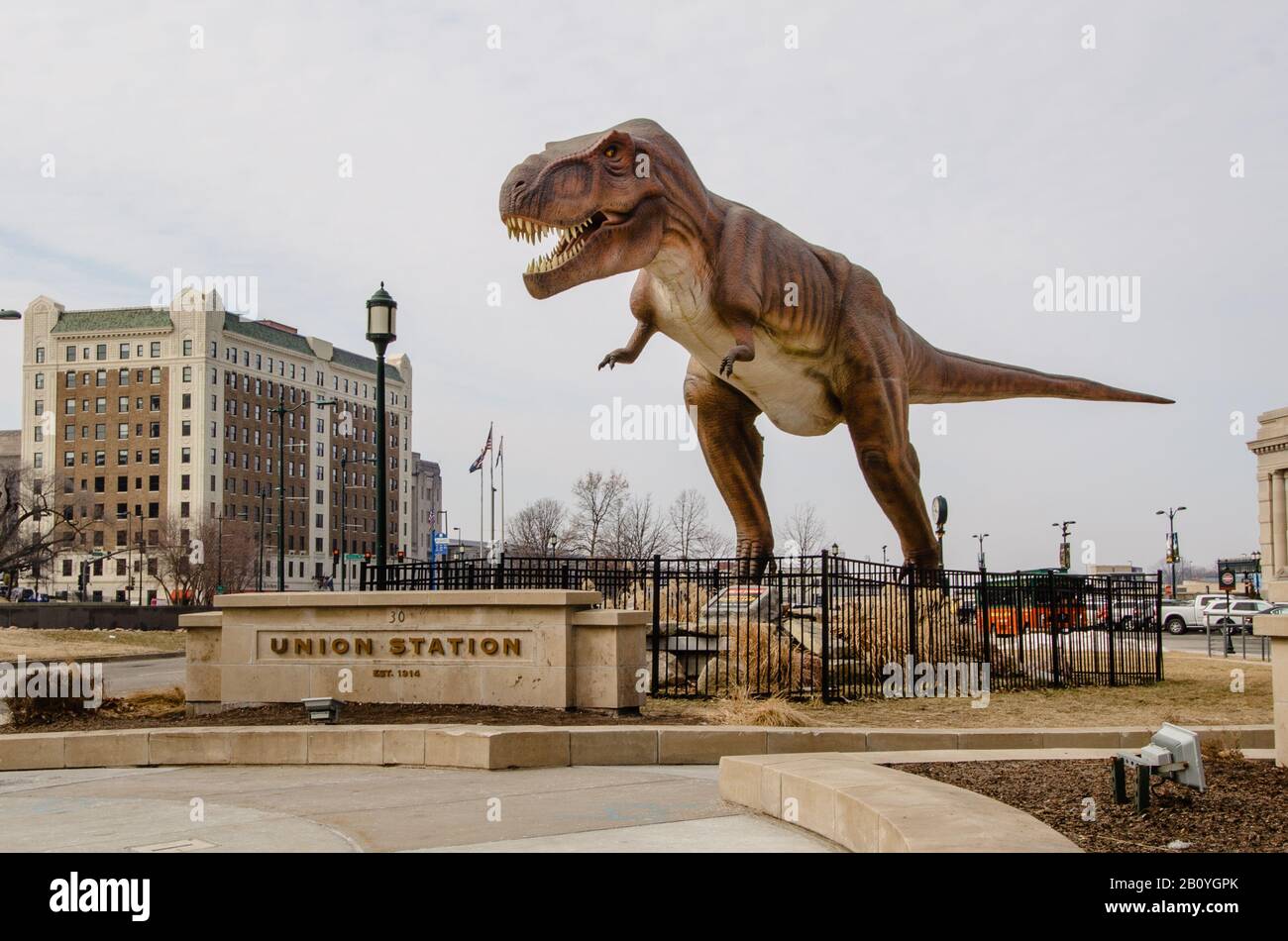 Union Station Sign with t-rex dinosaur statue Stock Photo - Alamy