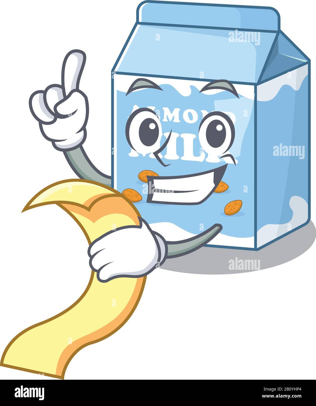 A funny cartoon character of almond milk holding a menu Stock Vector ...