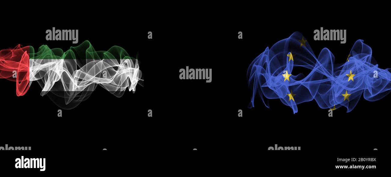 Flags of UAE and EU on Black background, UAE vs Europe Union Smoke ...
