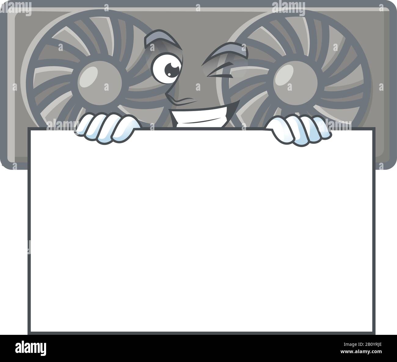 Gaming VGA card cartoon character with funny face hides behind a board ...