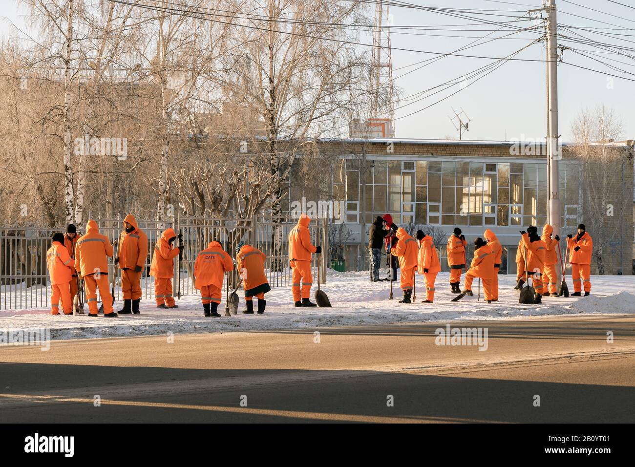 Krasnoyarsk, Russia, February 20, 2020: Cleaning roads from snow and ...