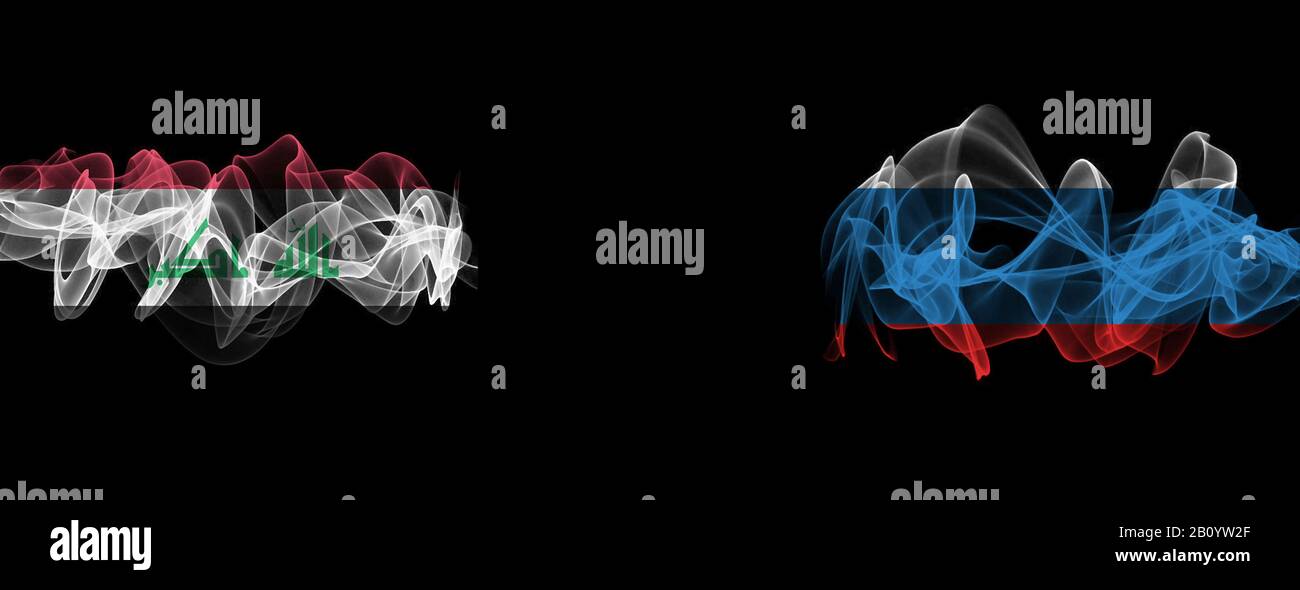 Flags of Iraq and Russia on Black background, Iraq vs Russia Smoke ...