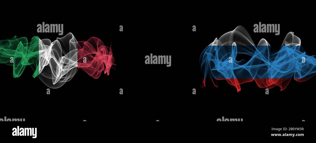 Flags of Italy and Russia on Black background, Italy vs Russia Smoke ...