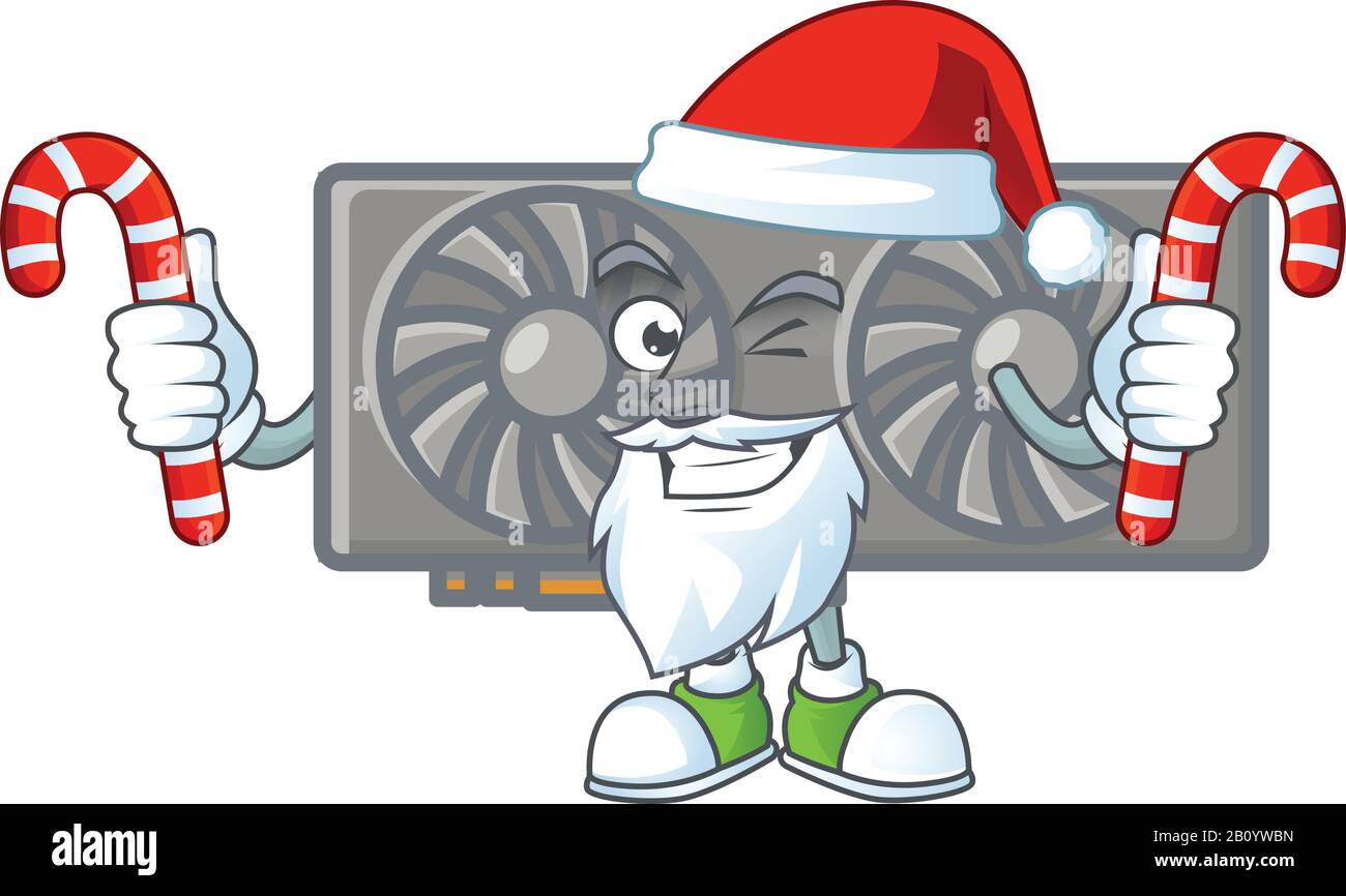 cartoon mascot style of gaming VGA card in Santa costume with candy ...