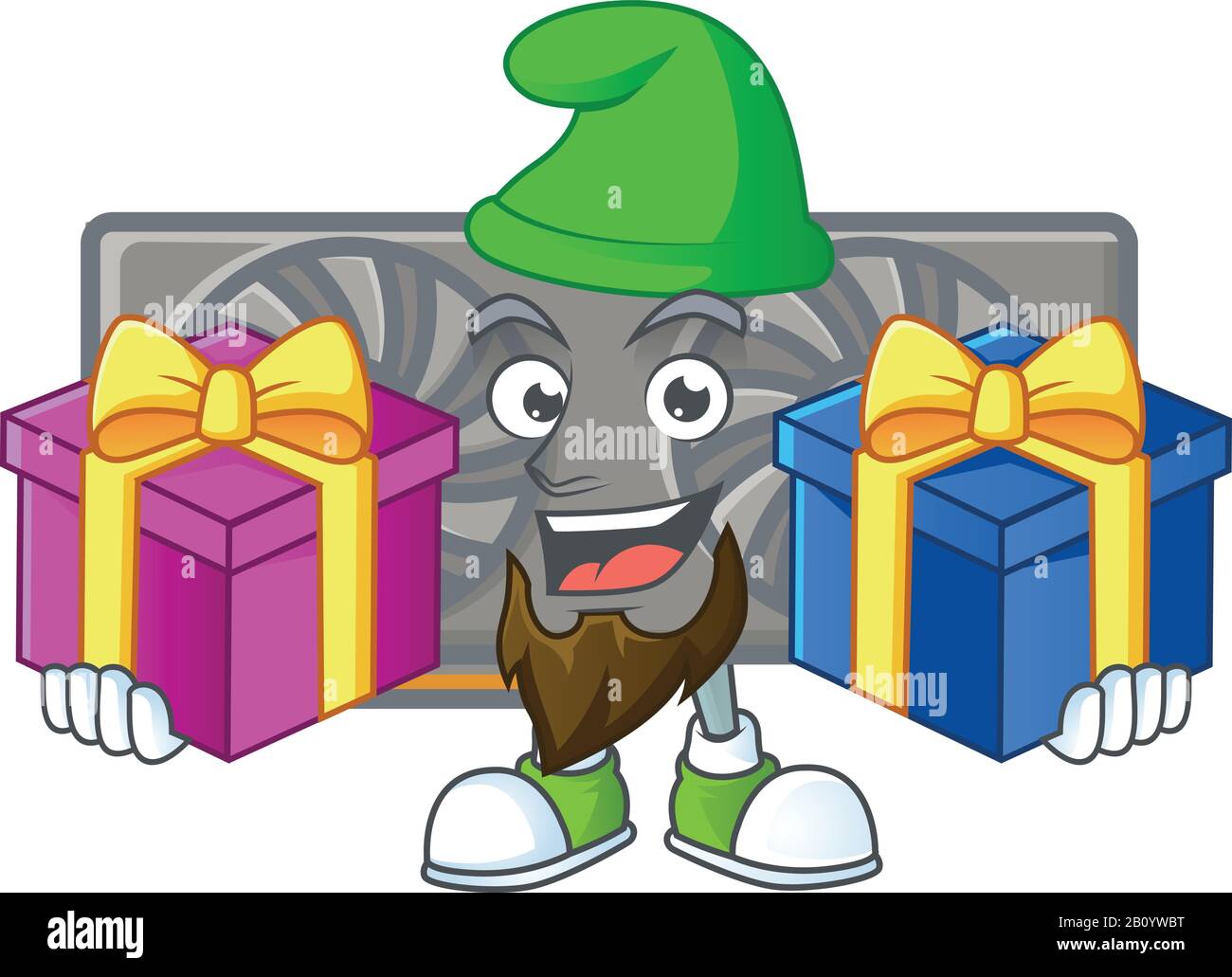 A charming gaming VGA card cartoon mascot style with two boxes of gifts ...