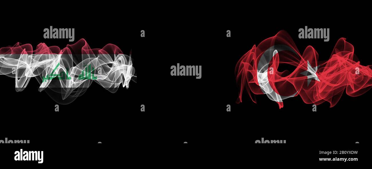 Flags of Iraq and Turkey on Black background, Iraq vs Turkey Smoke ...