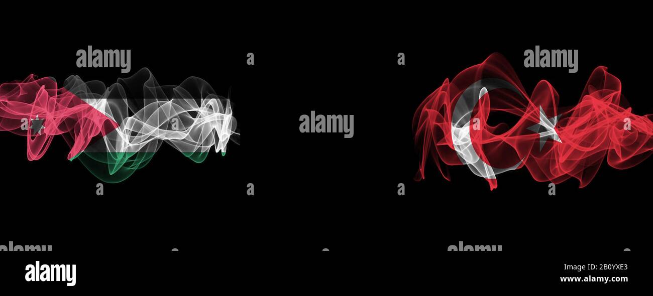 Flags of Jordan and Turkey on Black background, Jordan vs Turkey Smoke ...
