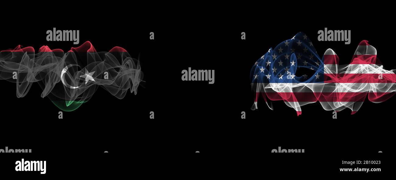 Flags of Libya and USA on Black background, Libya vs USA Smoke Flags ...