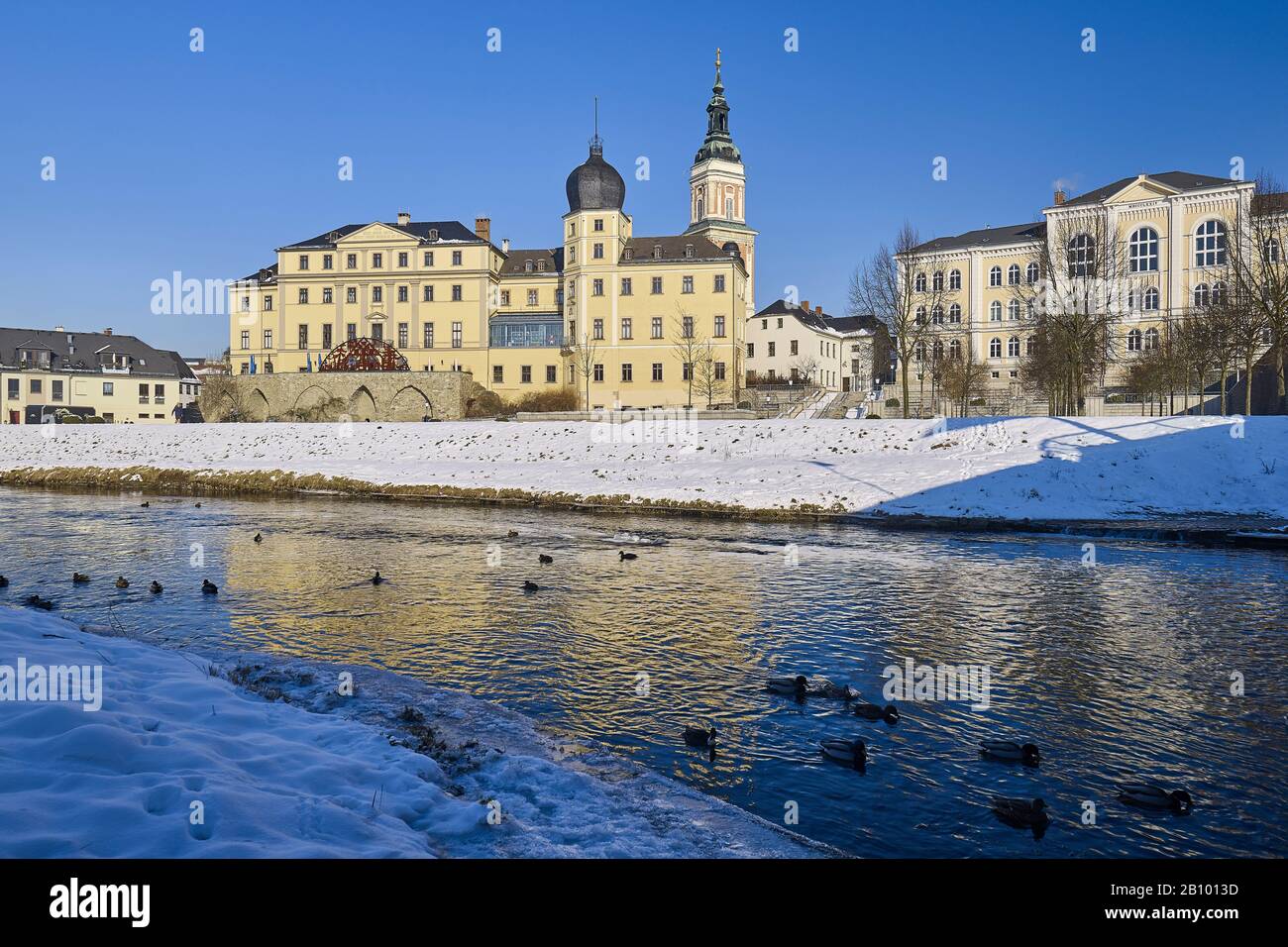 Upper and lower castle and town church St. Marien, Greiz, Thuringia ...