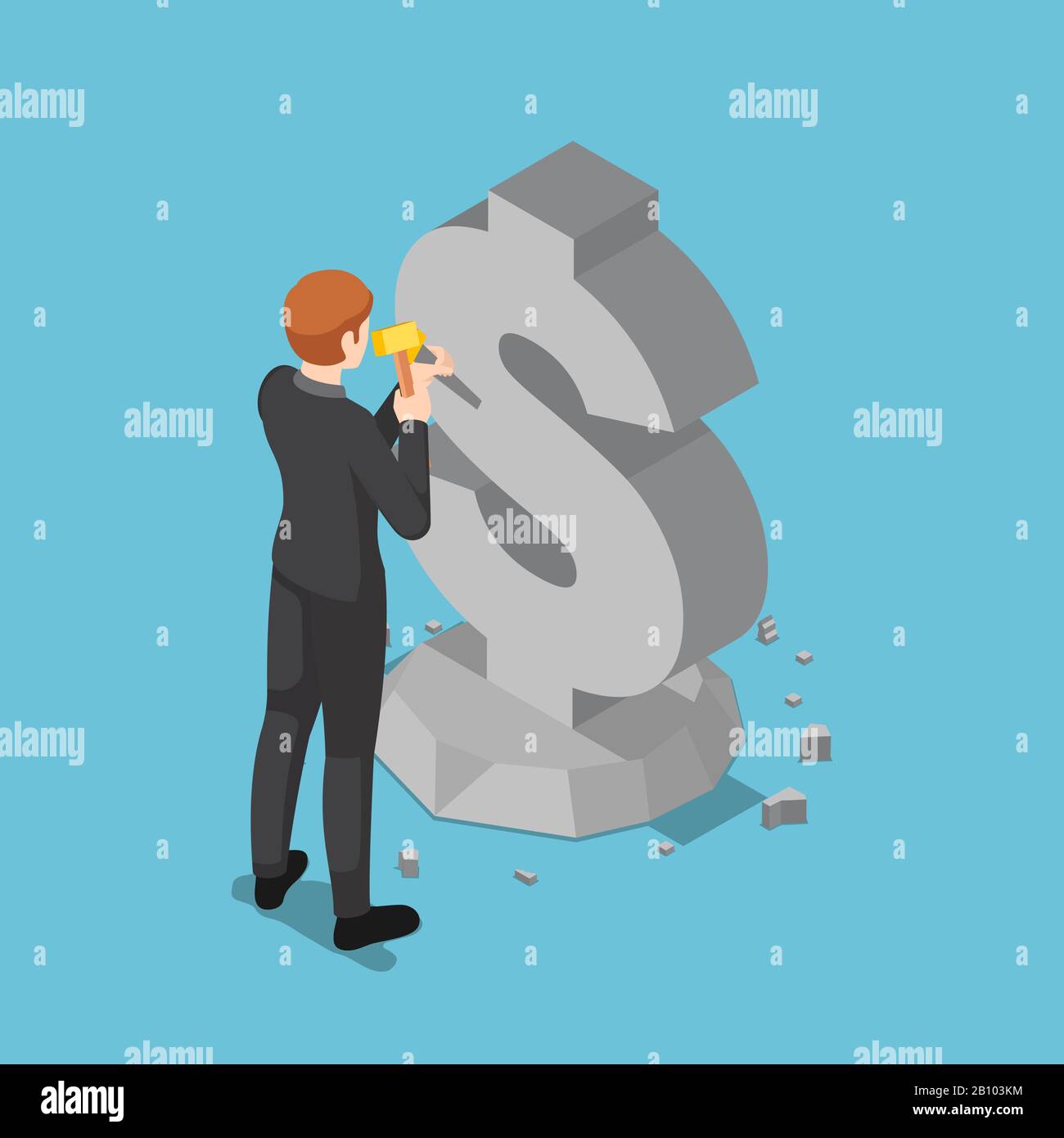 Flat 3d isometric businessman carving dollar sign from rock. Business ...