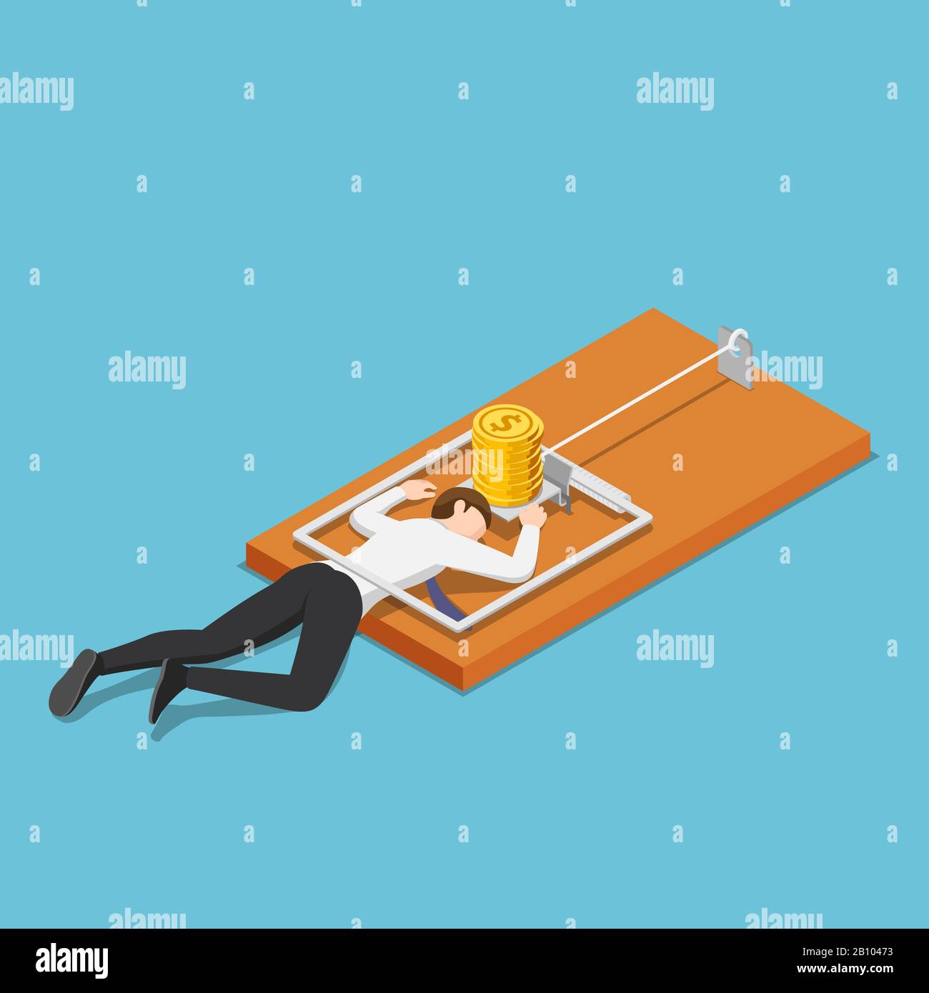 Flat 3d isometric businessman trapped into mousetrap because of the ...