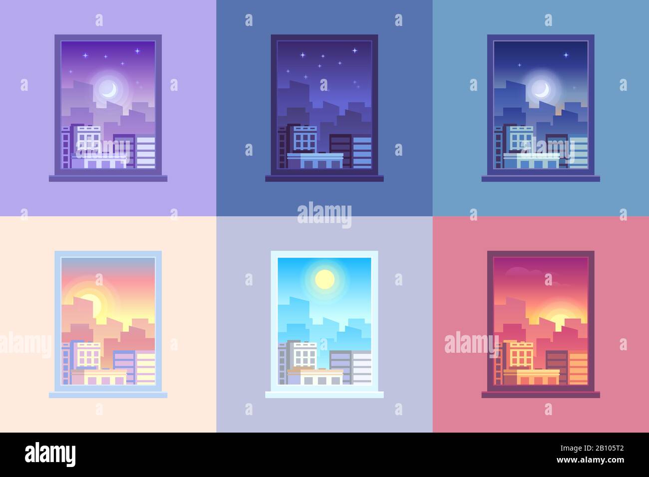 Window day time view. Sunrise and sun dawn morning noon and sunset dusk ...
