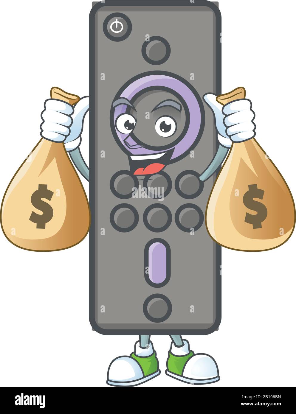 A cute image of remote control TV cartoon character holding money bags ...