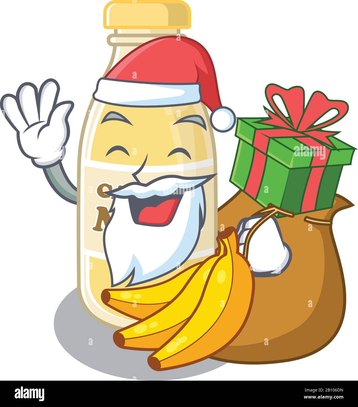 Santa cashew milk Cartoon character design having box of gifts Stock ...