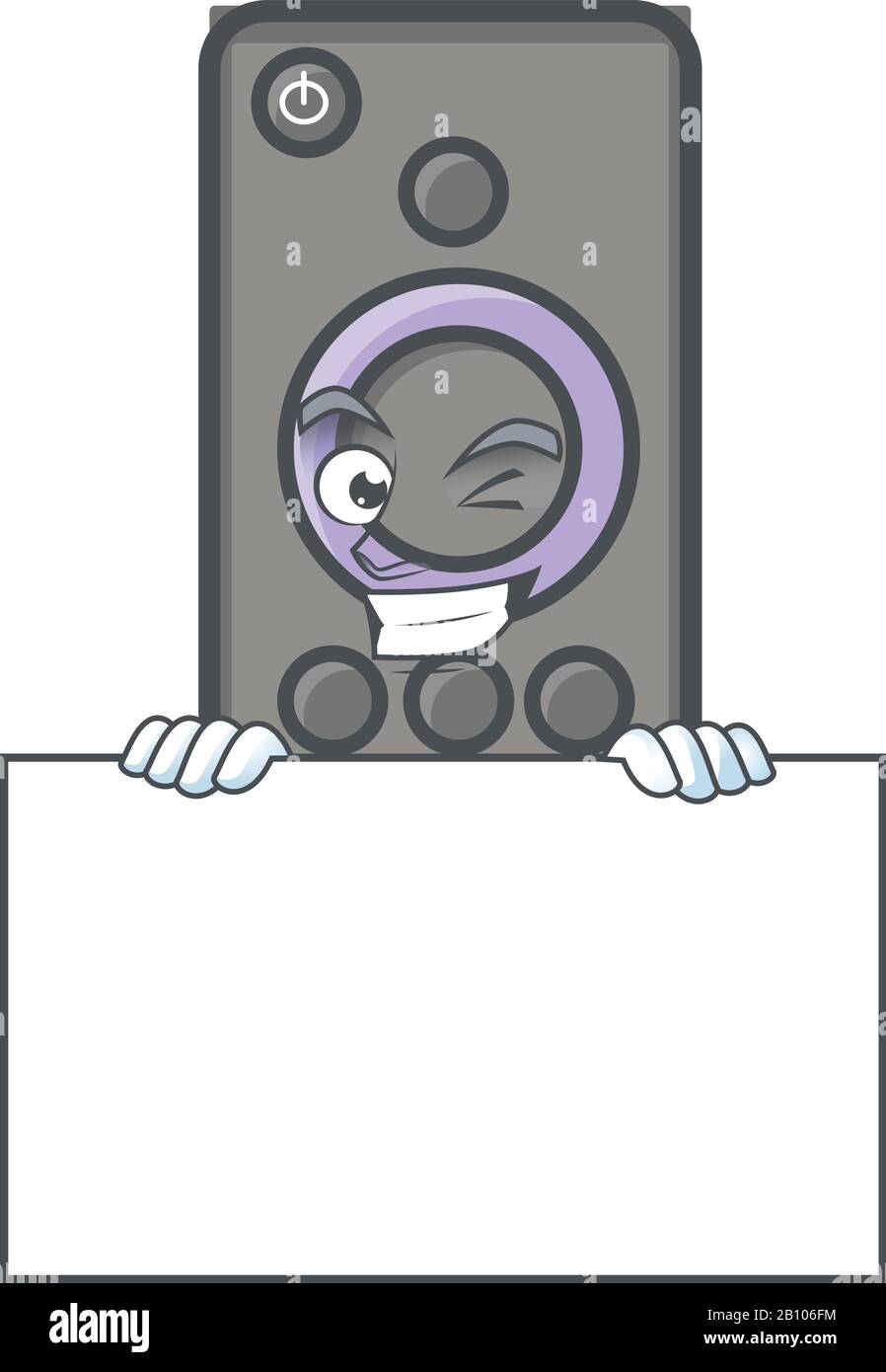 Remote control TV cartoon character with funny face hides behind a ...