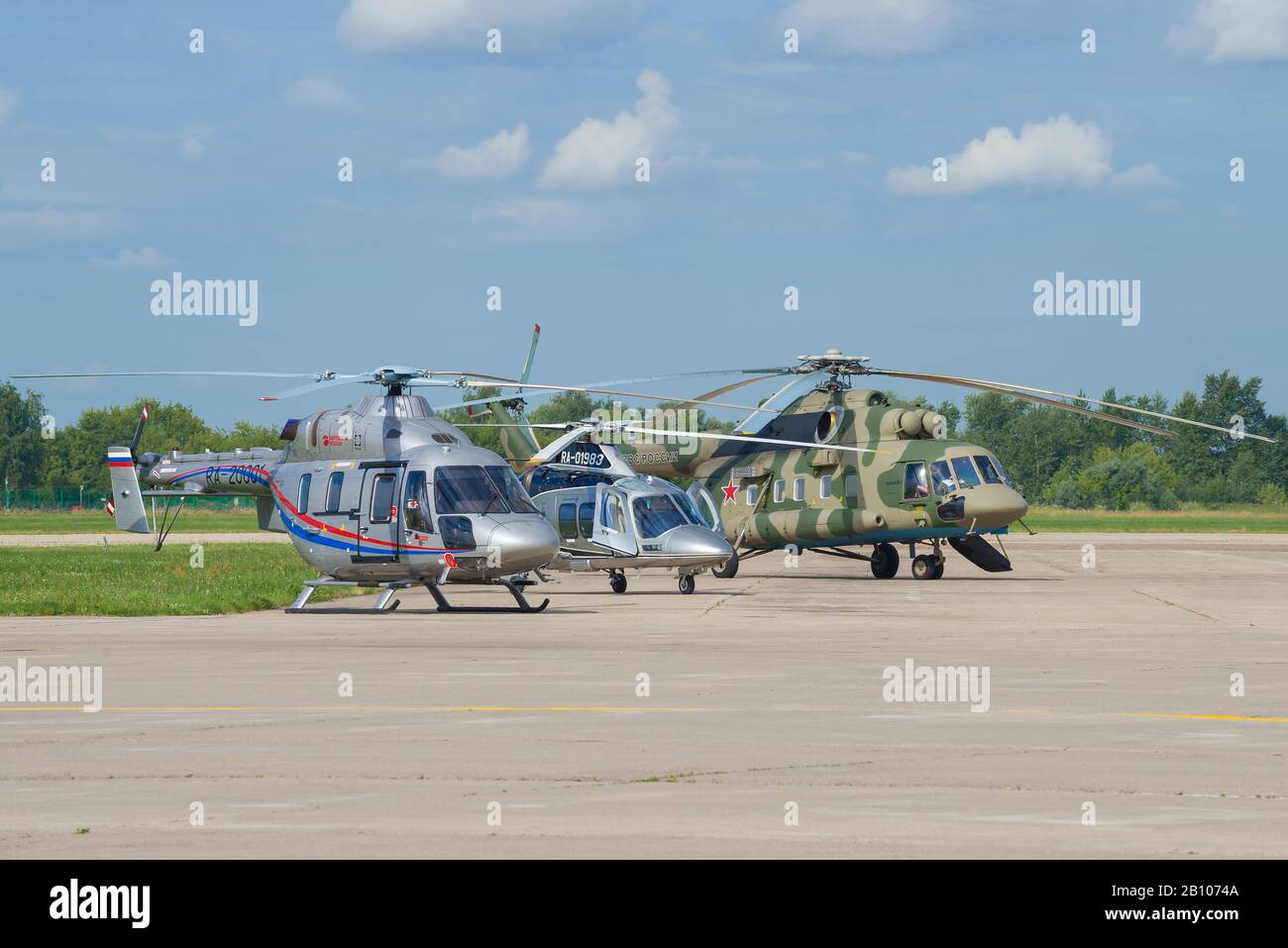 ZHUKOVSKY, RUSSIA - JULY 20, 2017: Three helicopters on the airfield. A ...