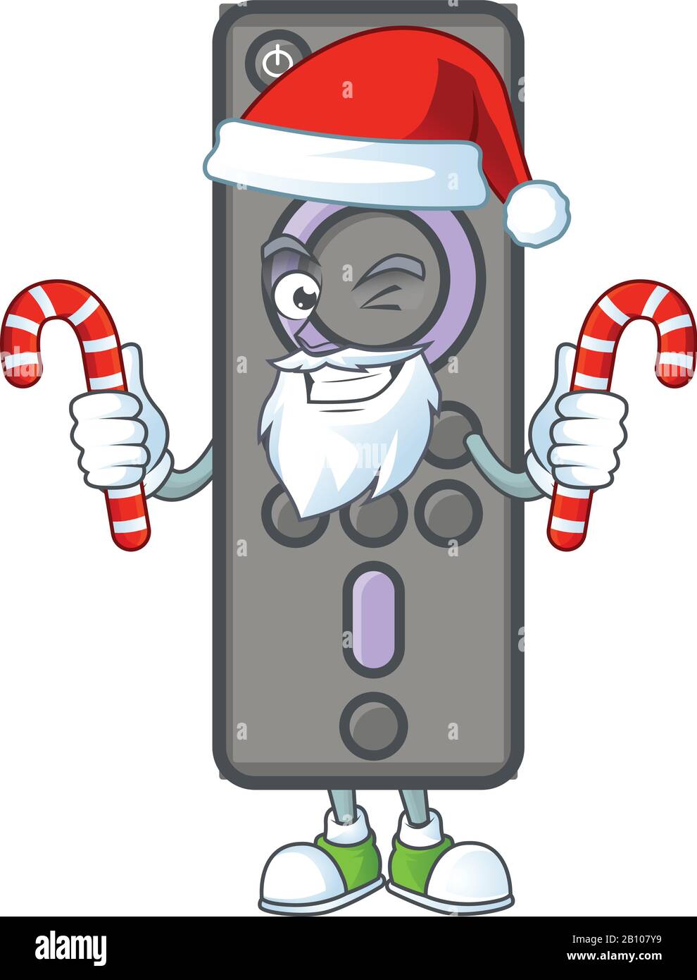cartoon mascot style of remote control TV in Santa costume with candy ...