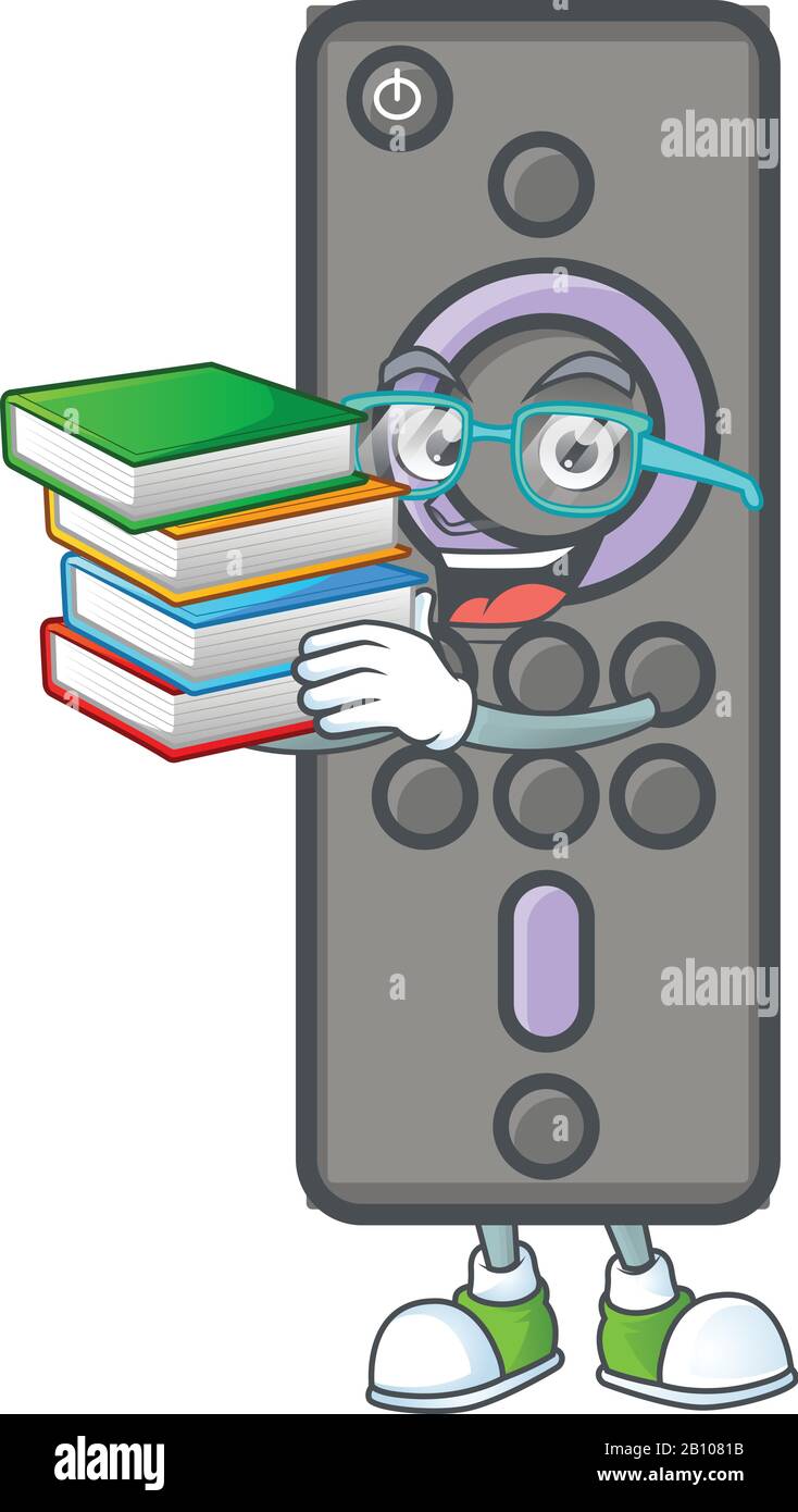 A brainy clever cartoon character of remote control TV studying with ...