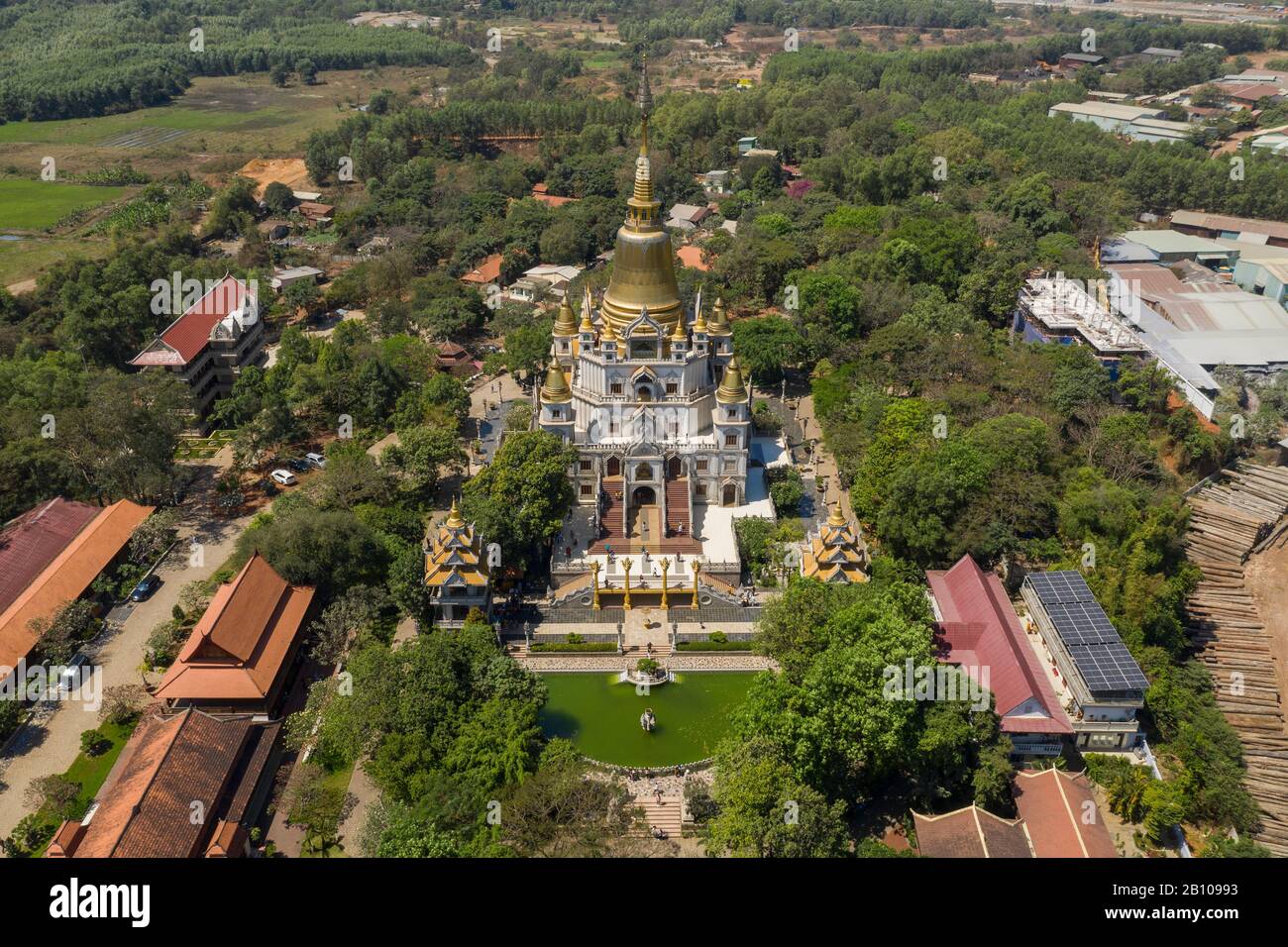 Aerial view of Buu Long Pagoda on a sunny clear day. This a beautiful ...