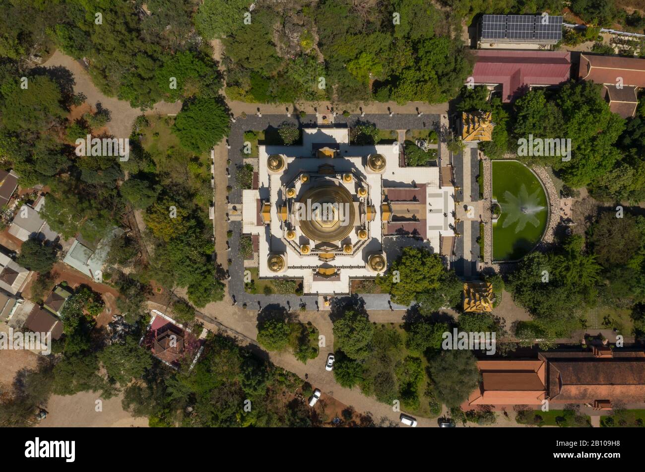 Top down aerial view of Buu Long Pagoda on a sunny clear day. A ...