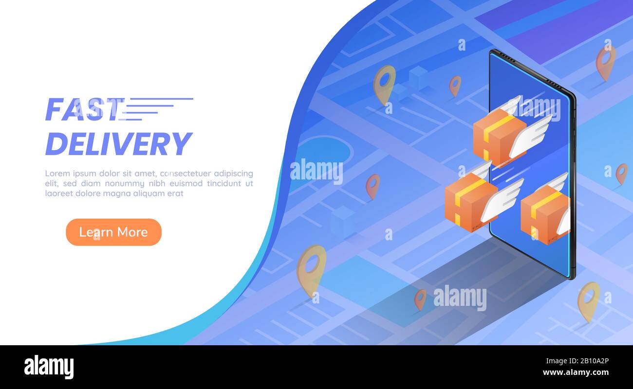 3d isometric web banner parcels box with wings flying forward rapidly ...