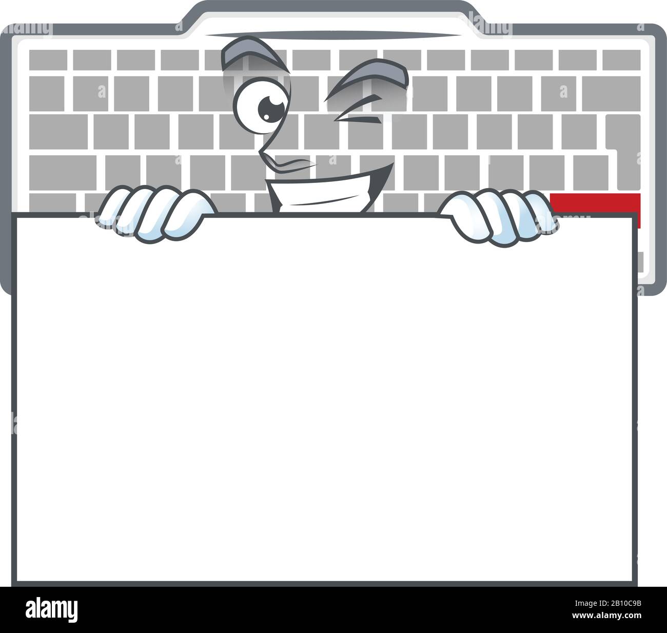 White keyboard cartoon character with funny face hides behind a board ...