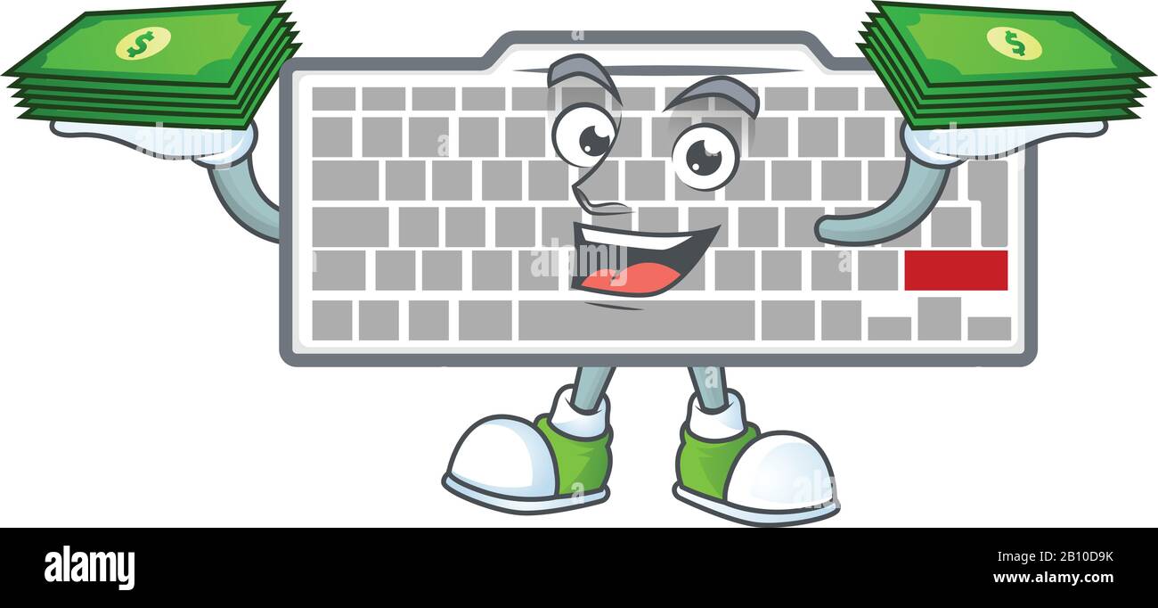 rich and famous white keyboard cartoon character with money on hands ...