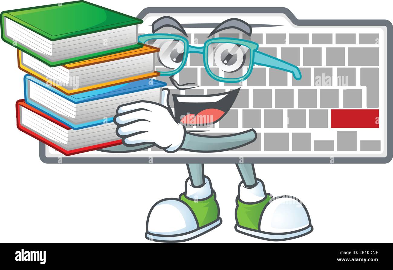 A brainy clever cartoon character of white keyboard studying with some ...