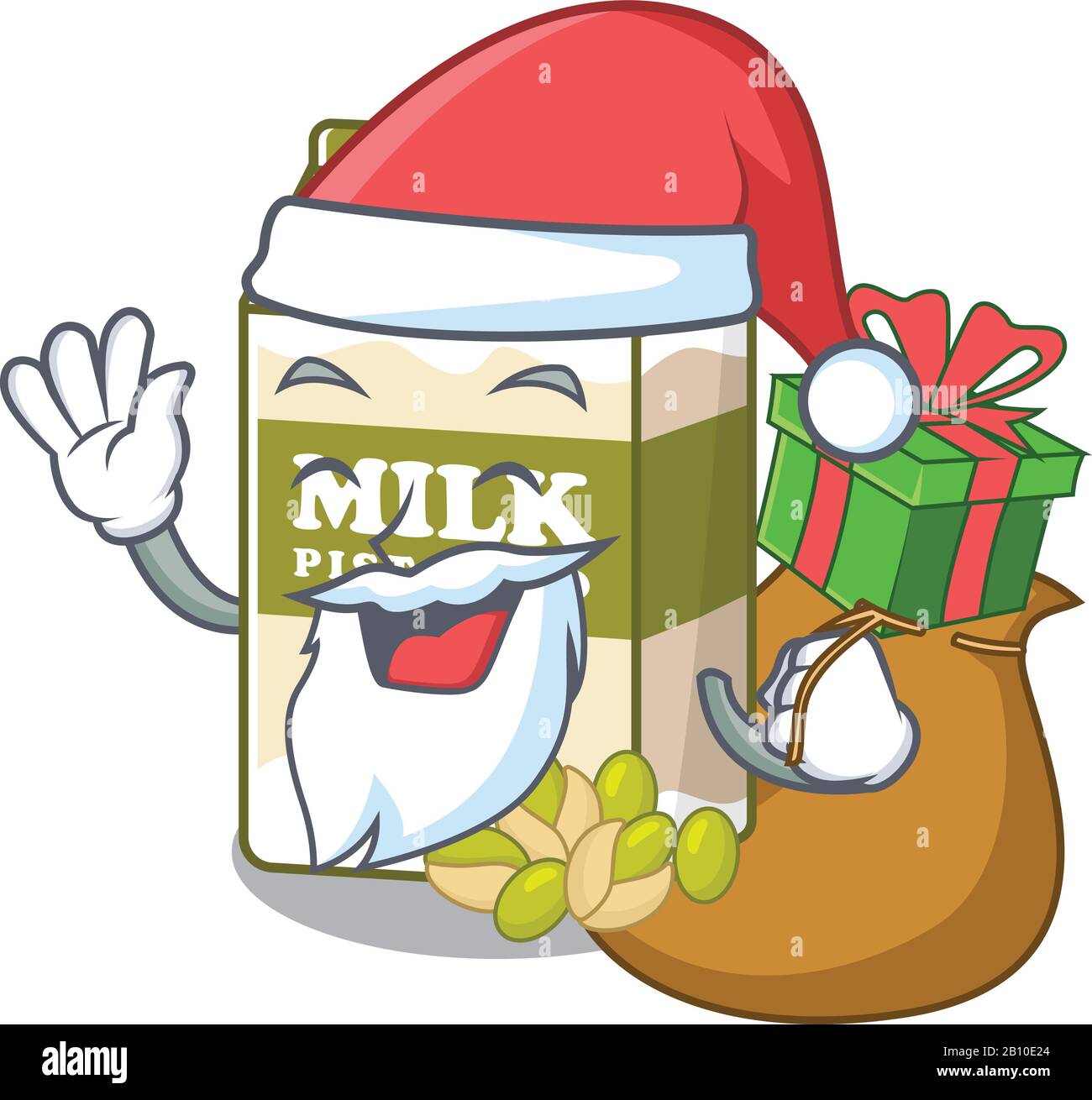 Santa pistachio milk Cartoon character design having box of gifts Stock ...