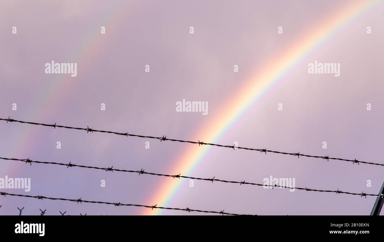 Double rainbow behind rows of barbed wire against cloudy sky Stock ...