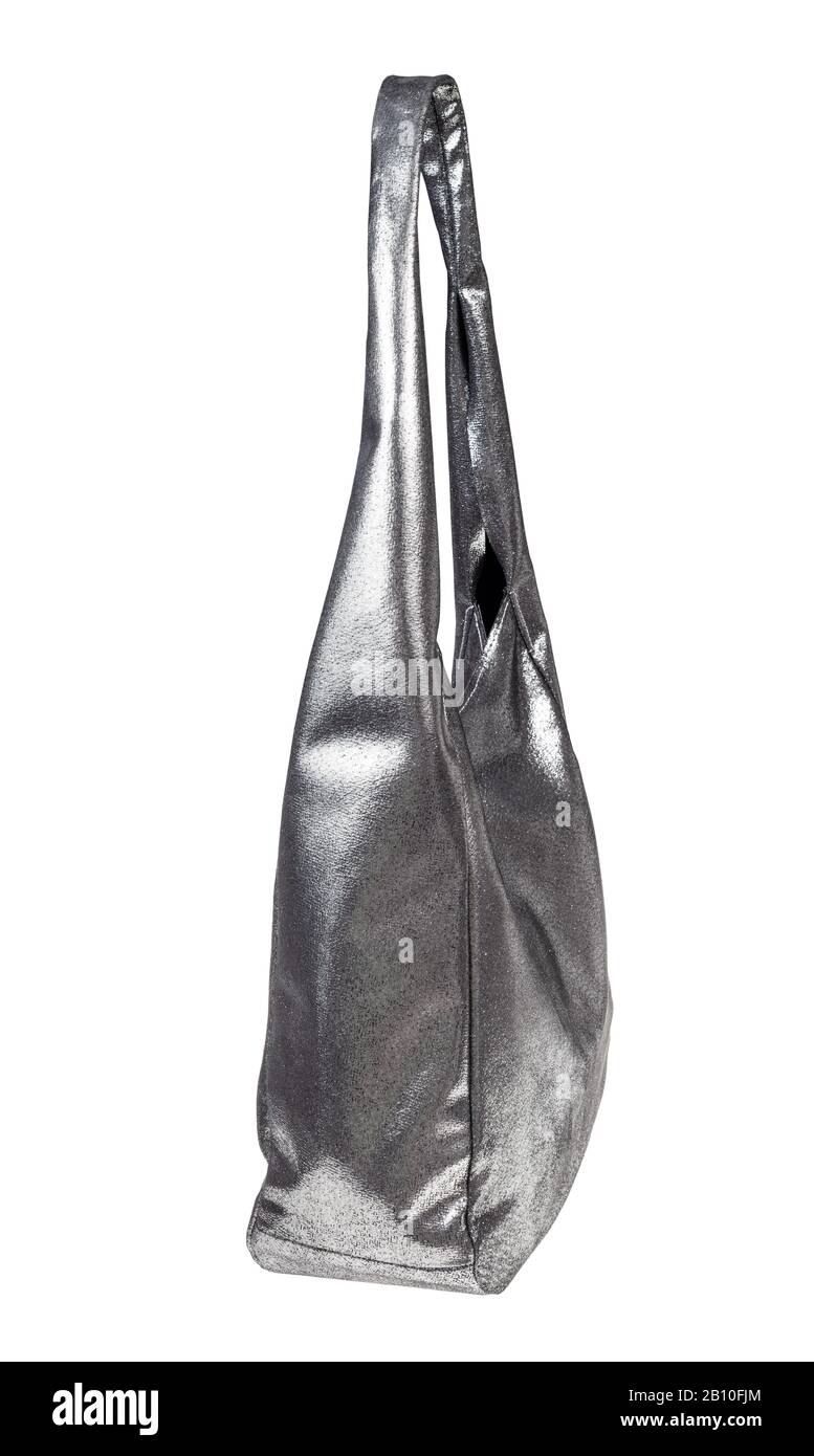 side view of bag handmade from silver leather isolated on white ...