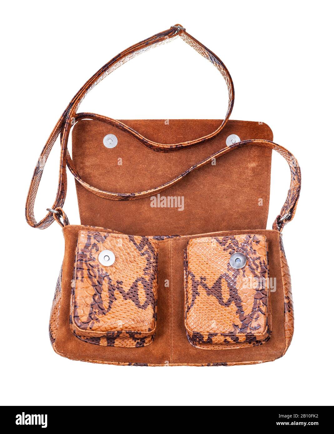 open brown handbag handmade from natural leathers isolated on white ...