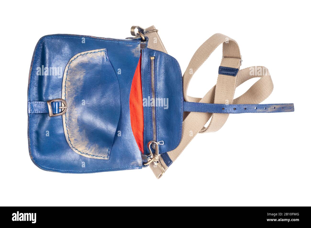 open empty blue leather handbag with textile strap isolated on white ...