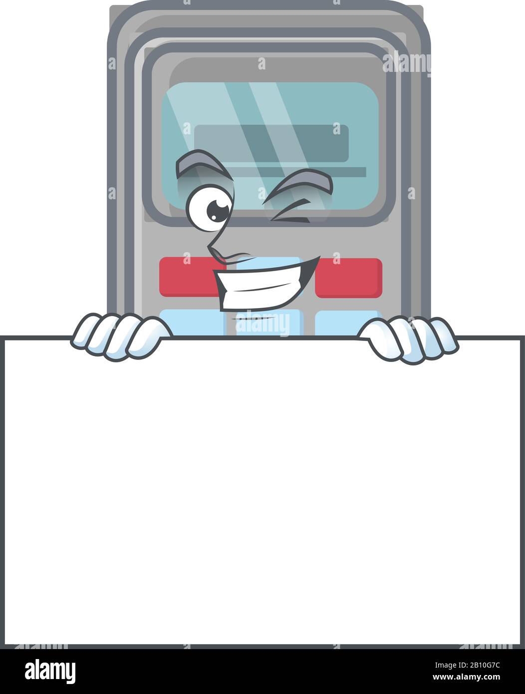POS machine cartoon character with funny face hides behind a board ...