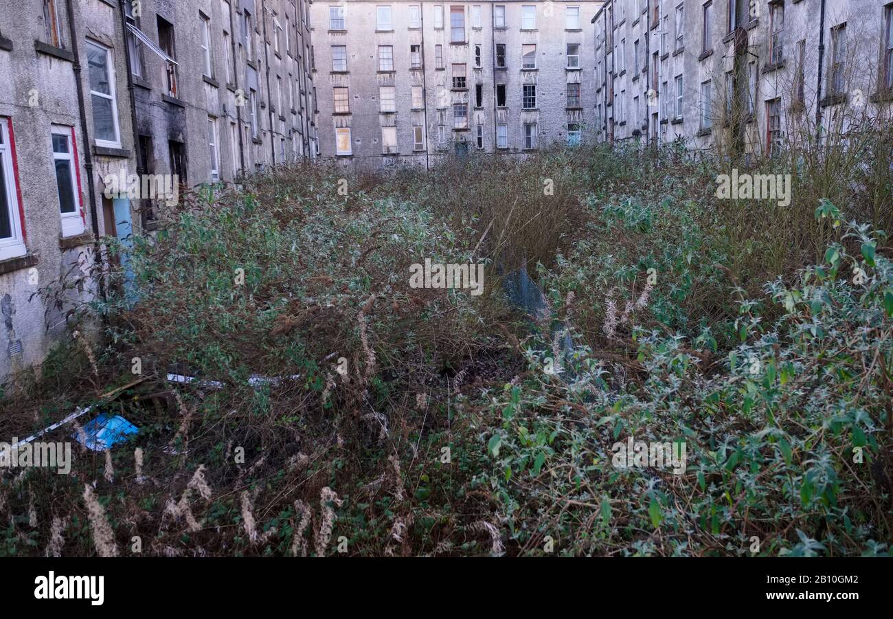 Derelict council house in poor housing estate slum with many social ...