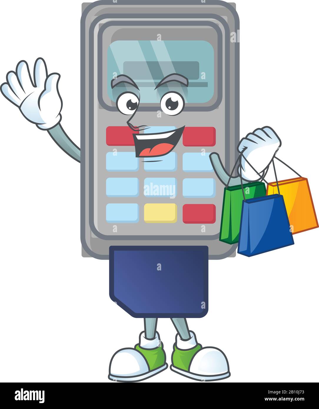 A rich POS machine cartoon design waving and holding Shopping bag Stock ...