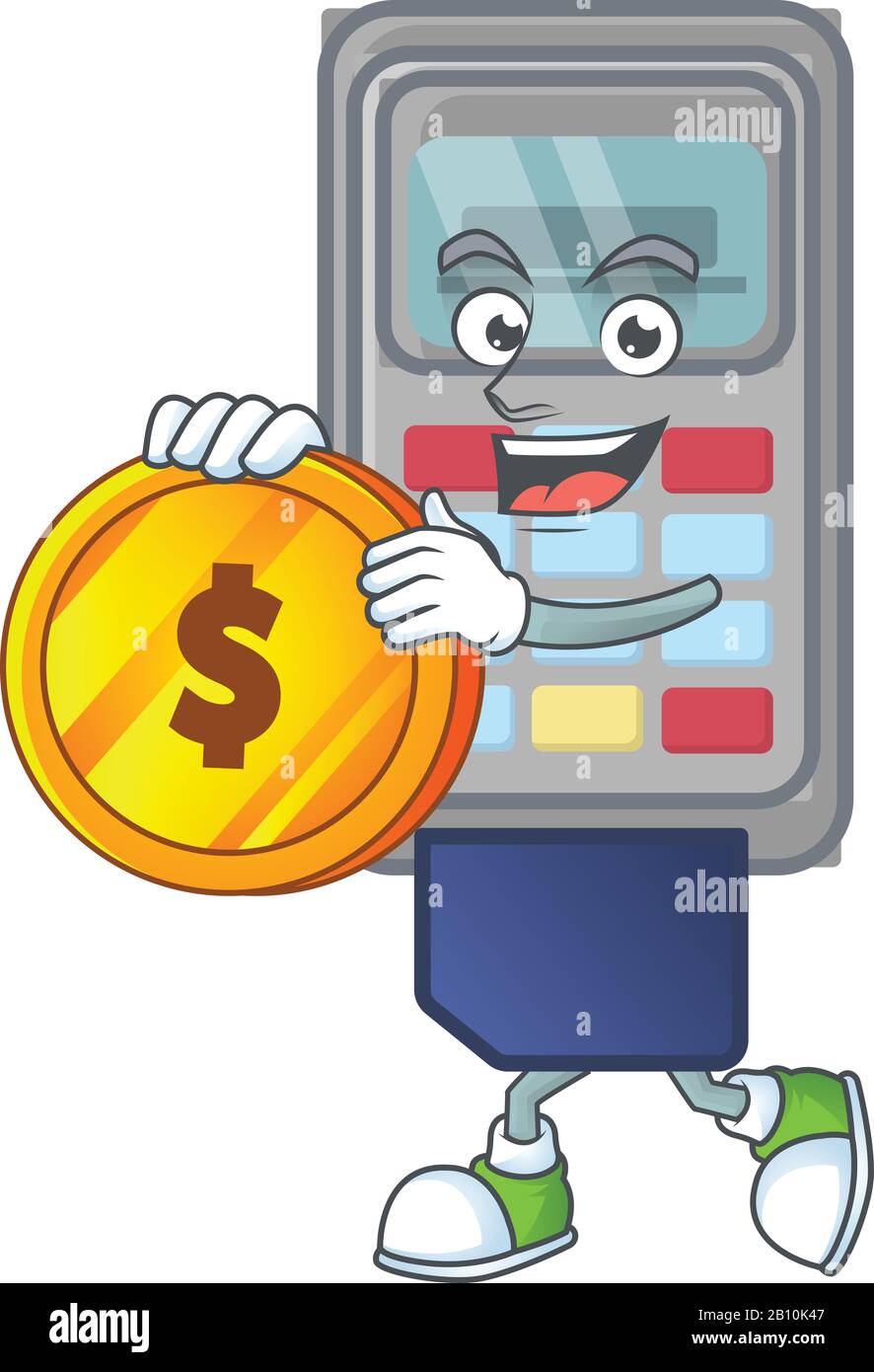 an elegant POS machine mascot cartoon design with gold coin Stock ...