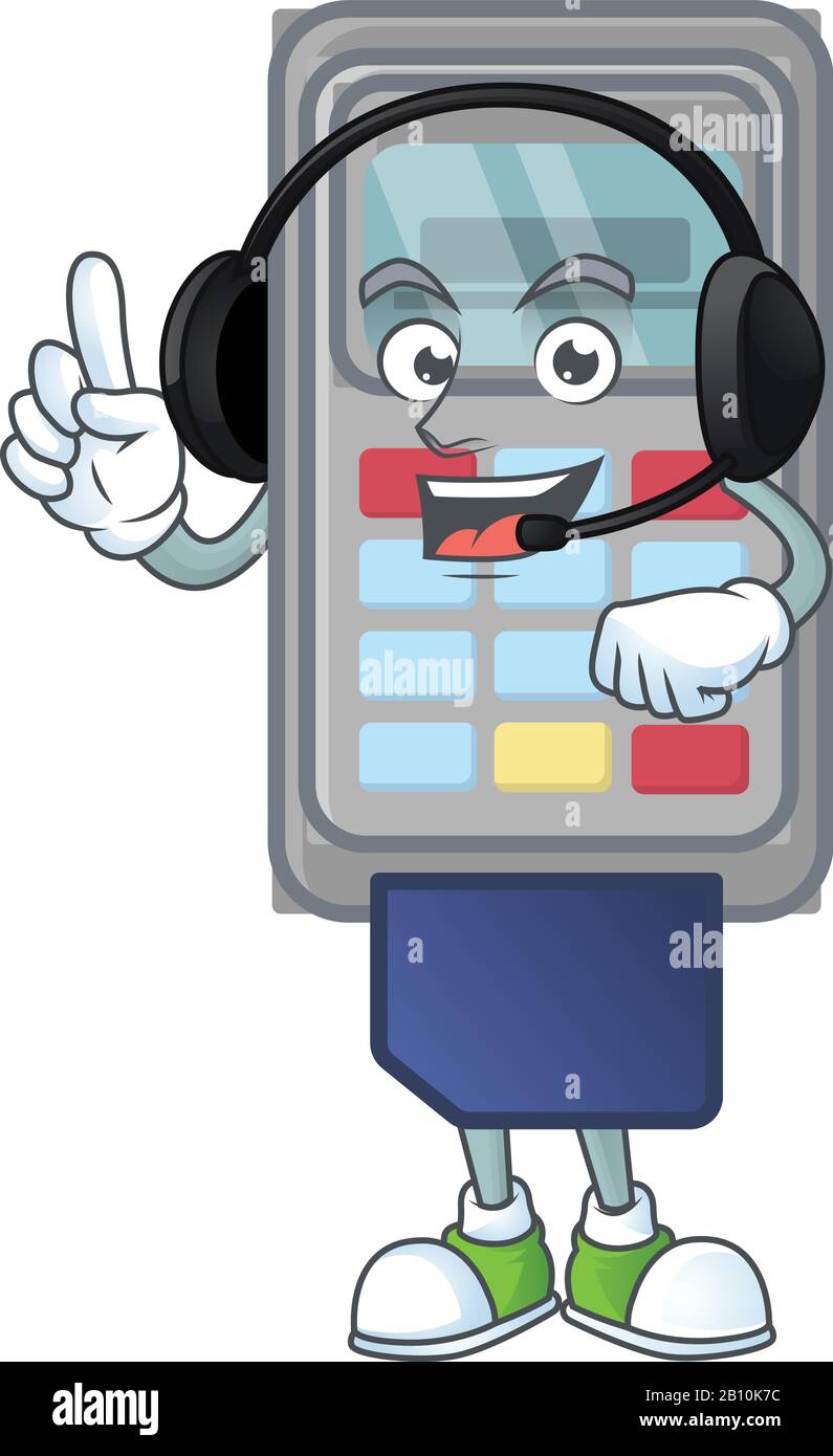 Sweet POS machine cartoon character design speaking on a headphone ...