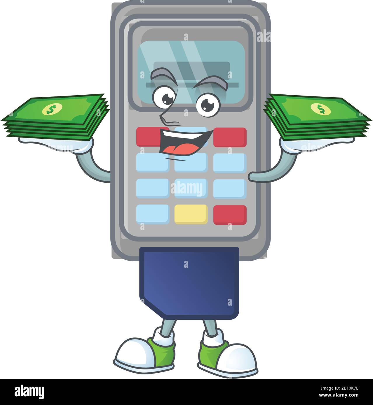 rich and famous POS machine cartoon character with money on hands Stock ...