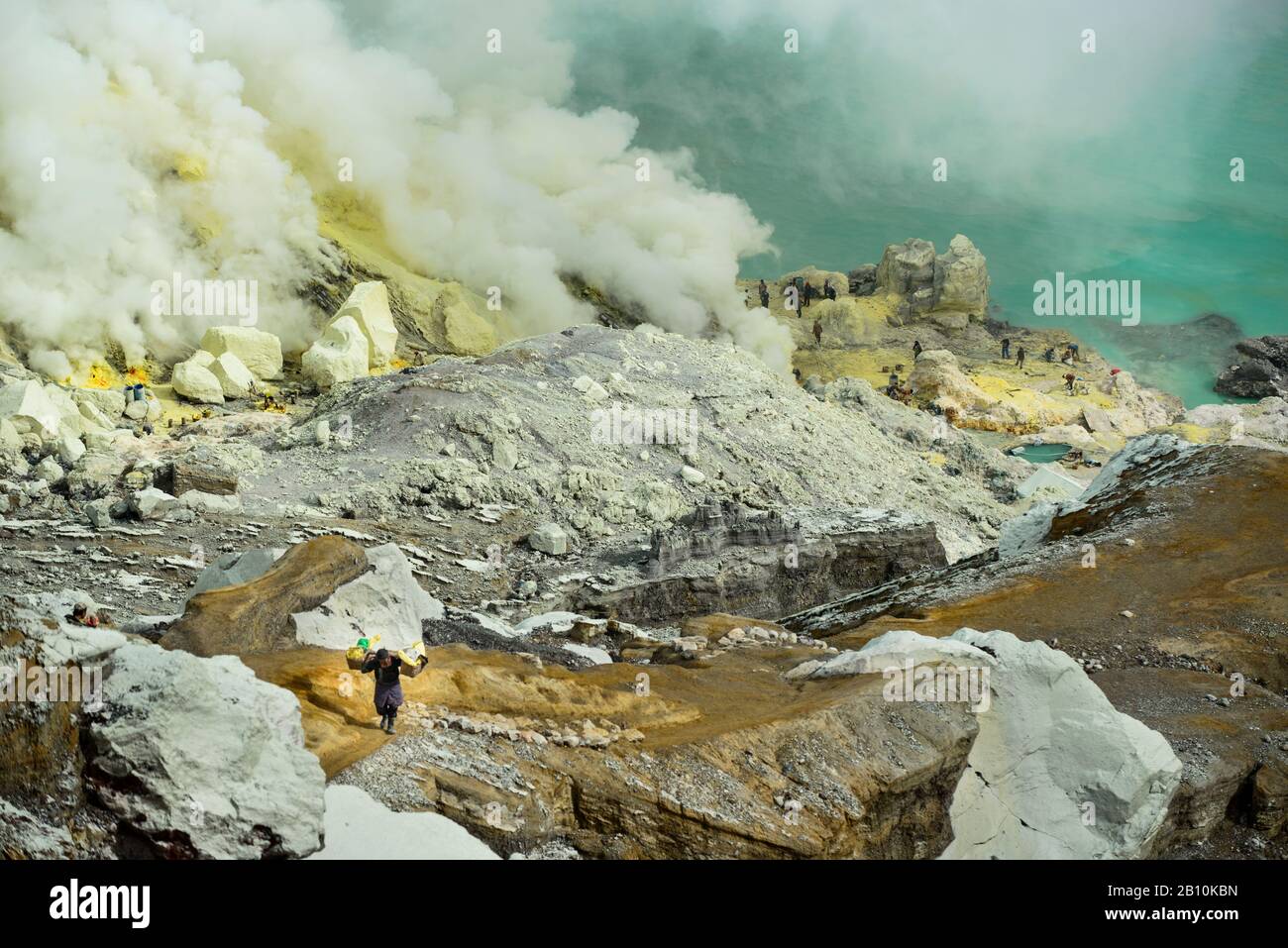 Sulfur mining on the crater lake of the Ijen volcano, Java, Indonesia ...