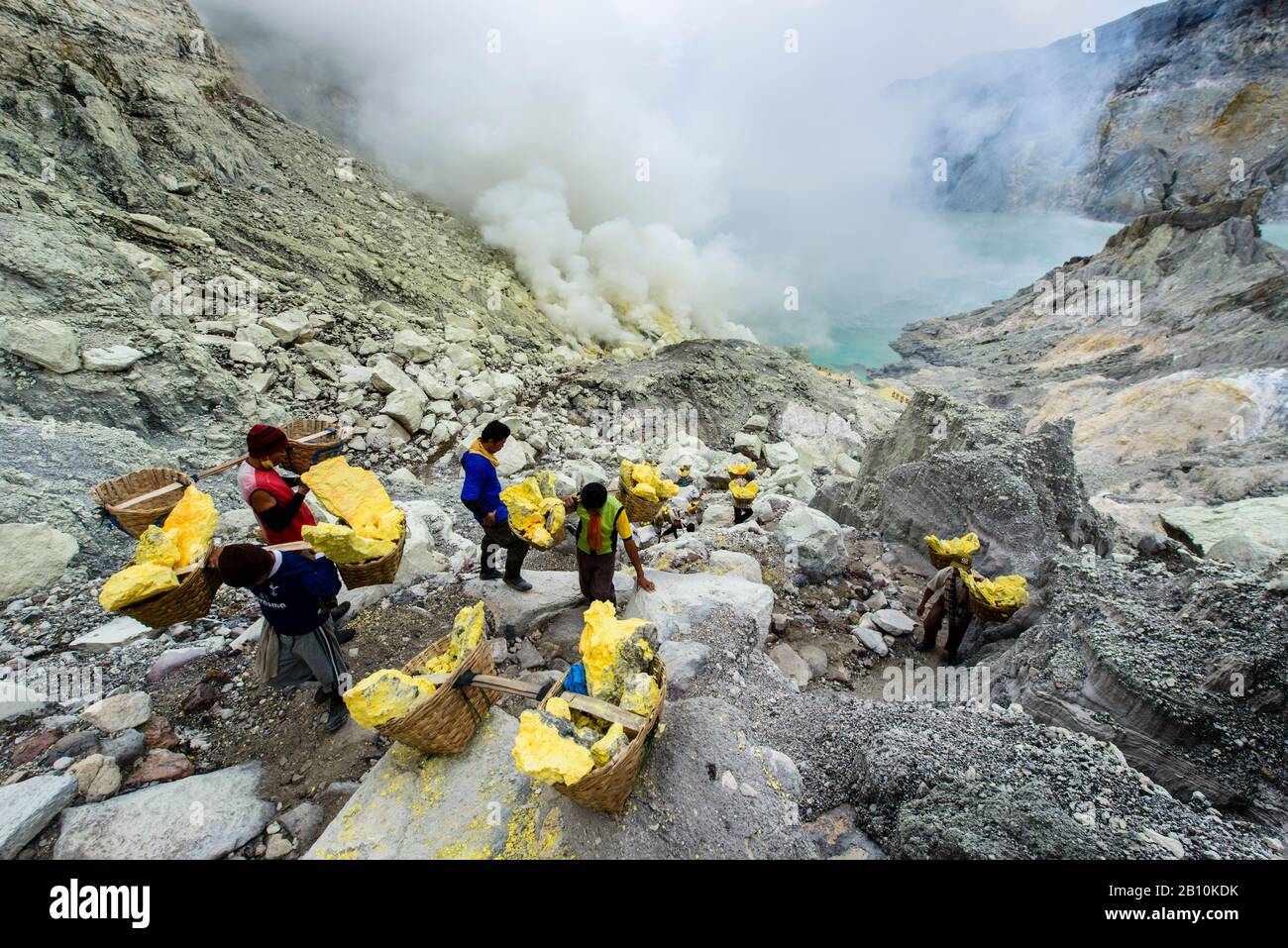 Sulfur mining on the crater lake of the Ijen volcano, Java, Indonesia ...