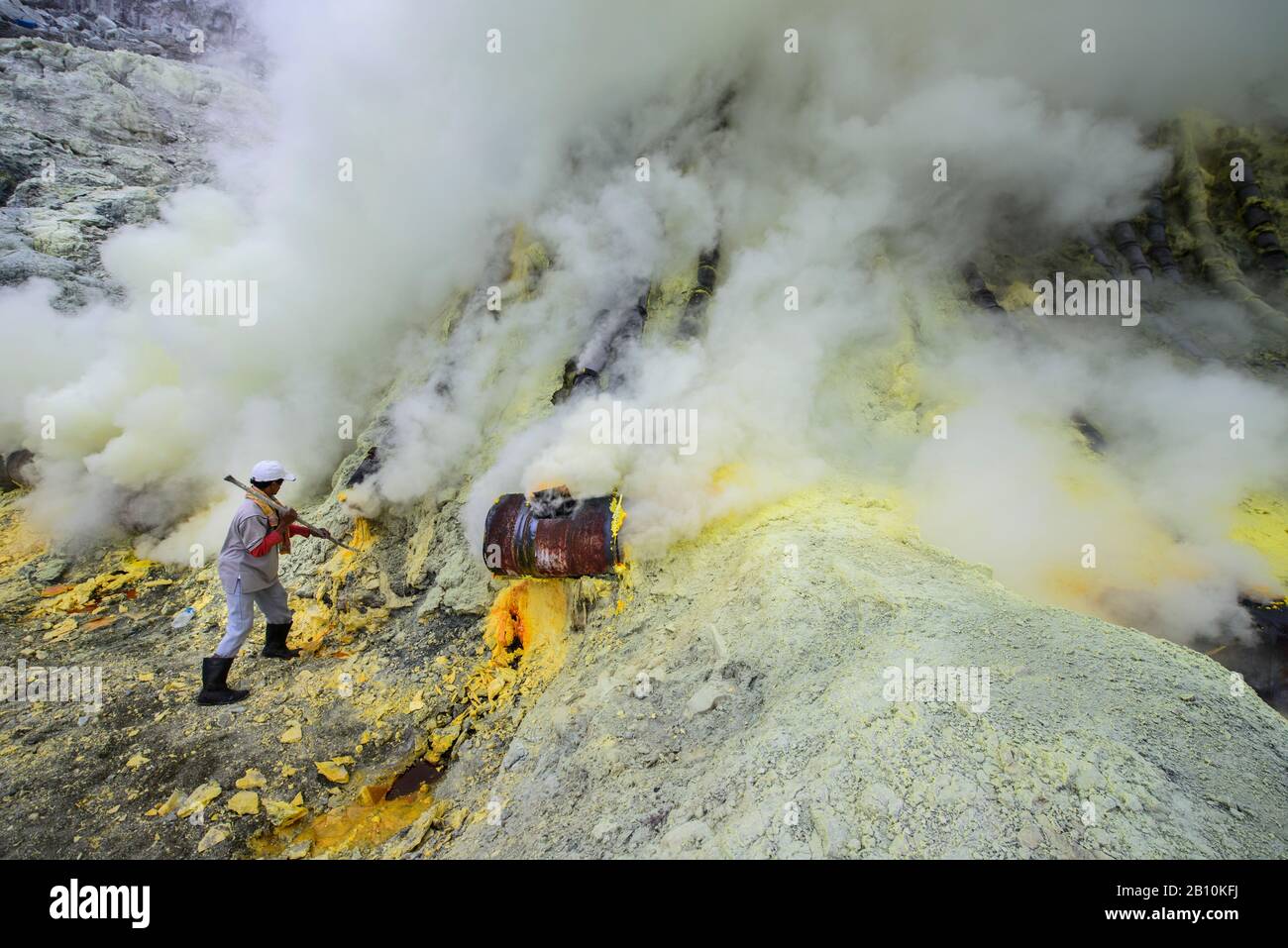 Sulfur mining on the crater lake of the Ijen volcano, Java, Indonesia ...