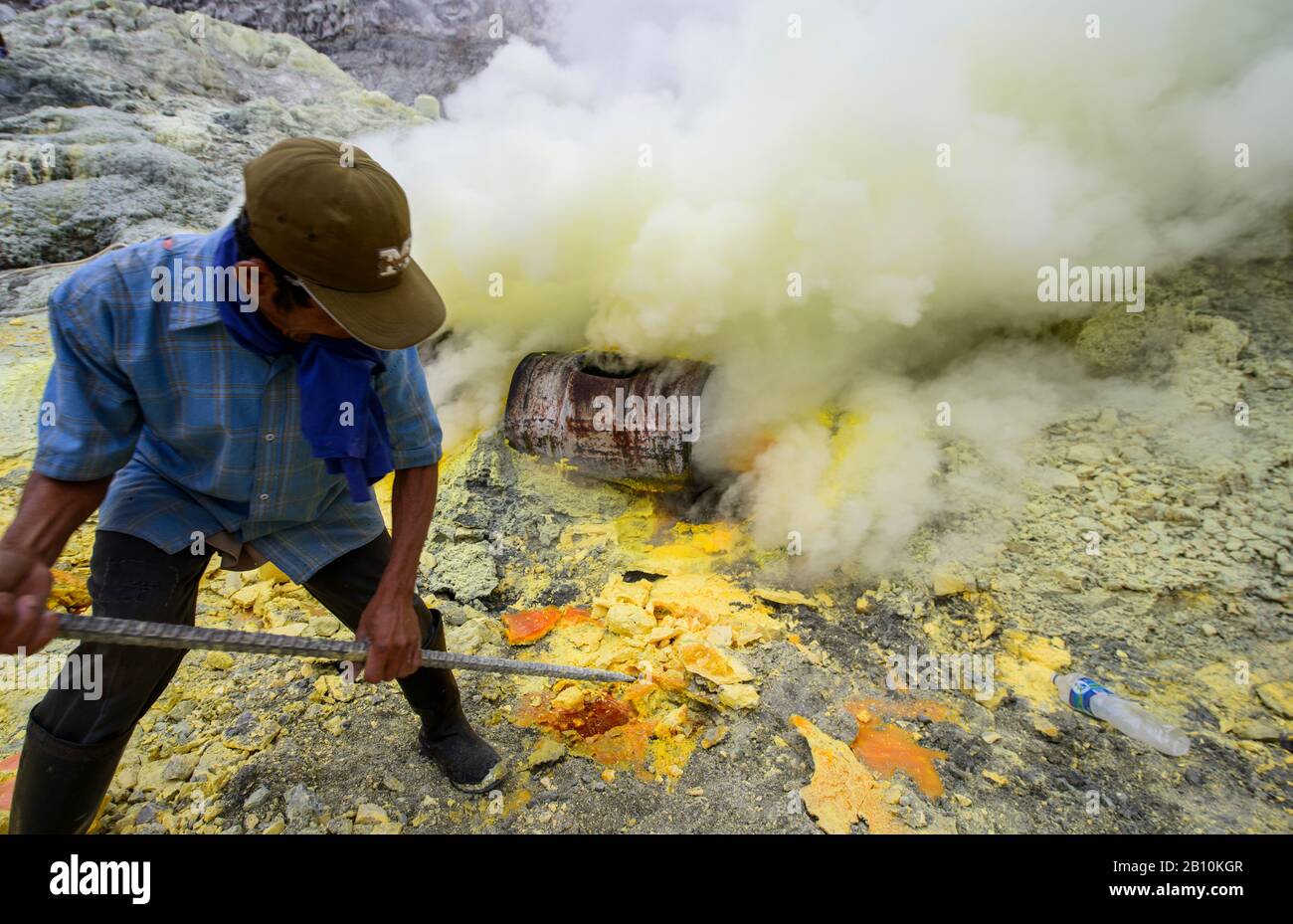 Sulfur mining on the crater lake of the Ijen volcano, Java, Indonesia ...