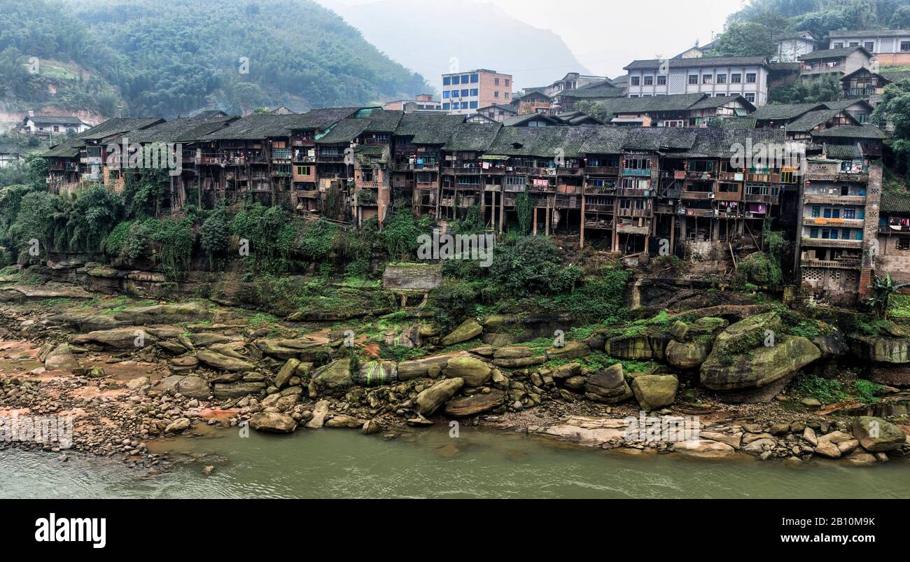 Traditional Chinese buildings in a mountain village, Guizhou Province ...