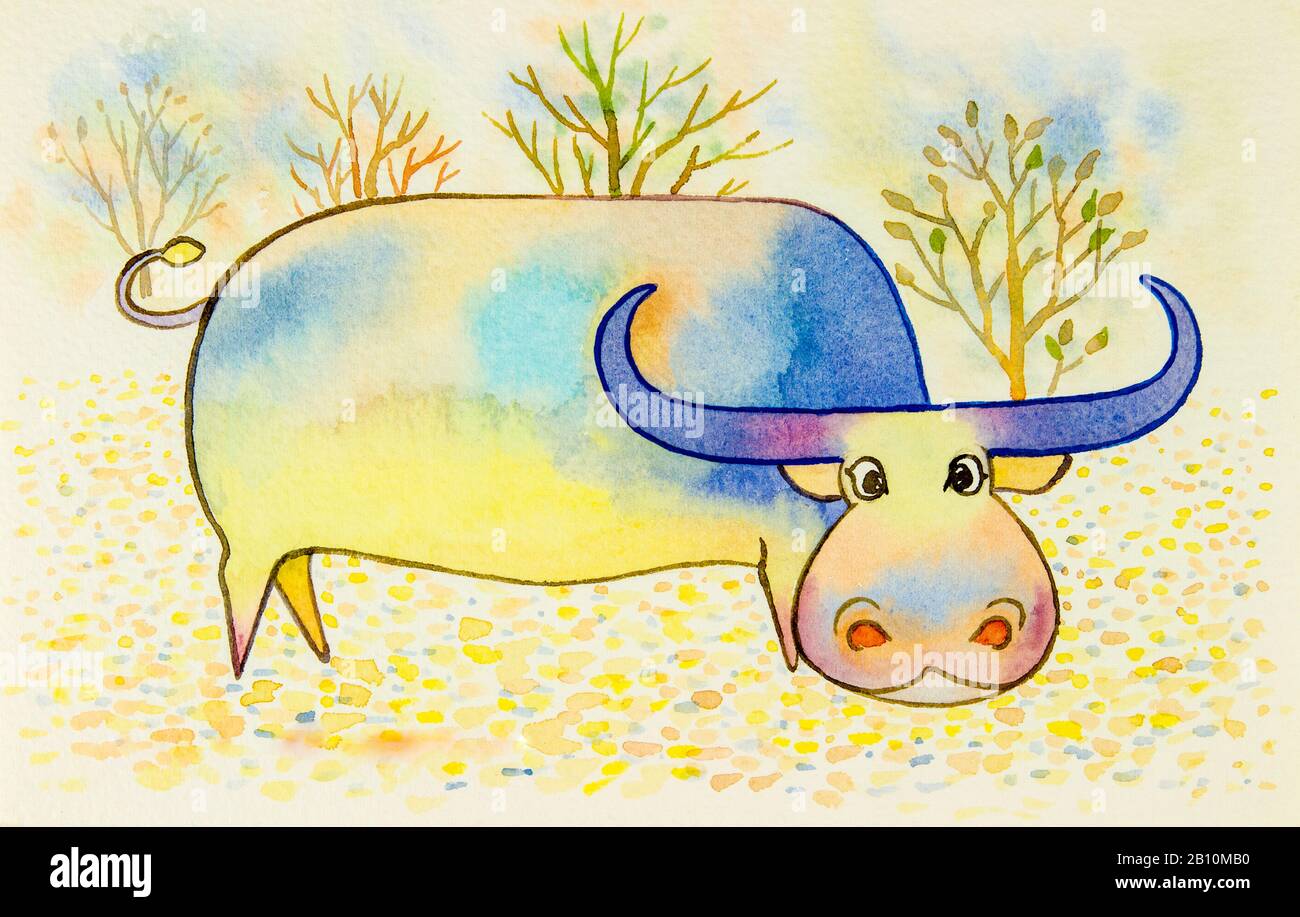 Watercolor illustration lovely cartoon of buffalo and trees background ...